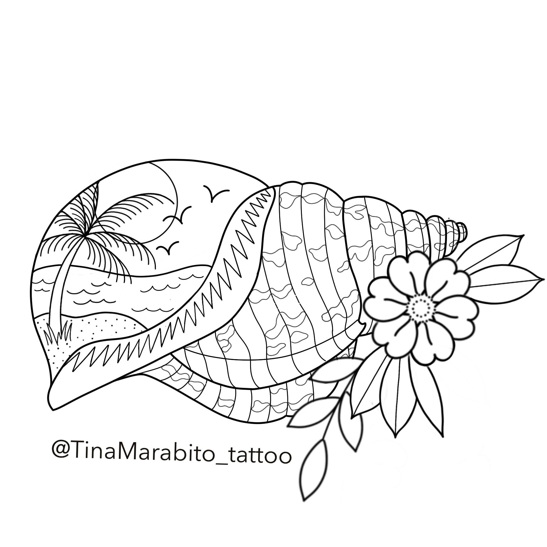 SOLD Beachy Sea Shell Tattoo by Tina Marabito | Poppycock Tattoo