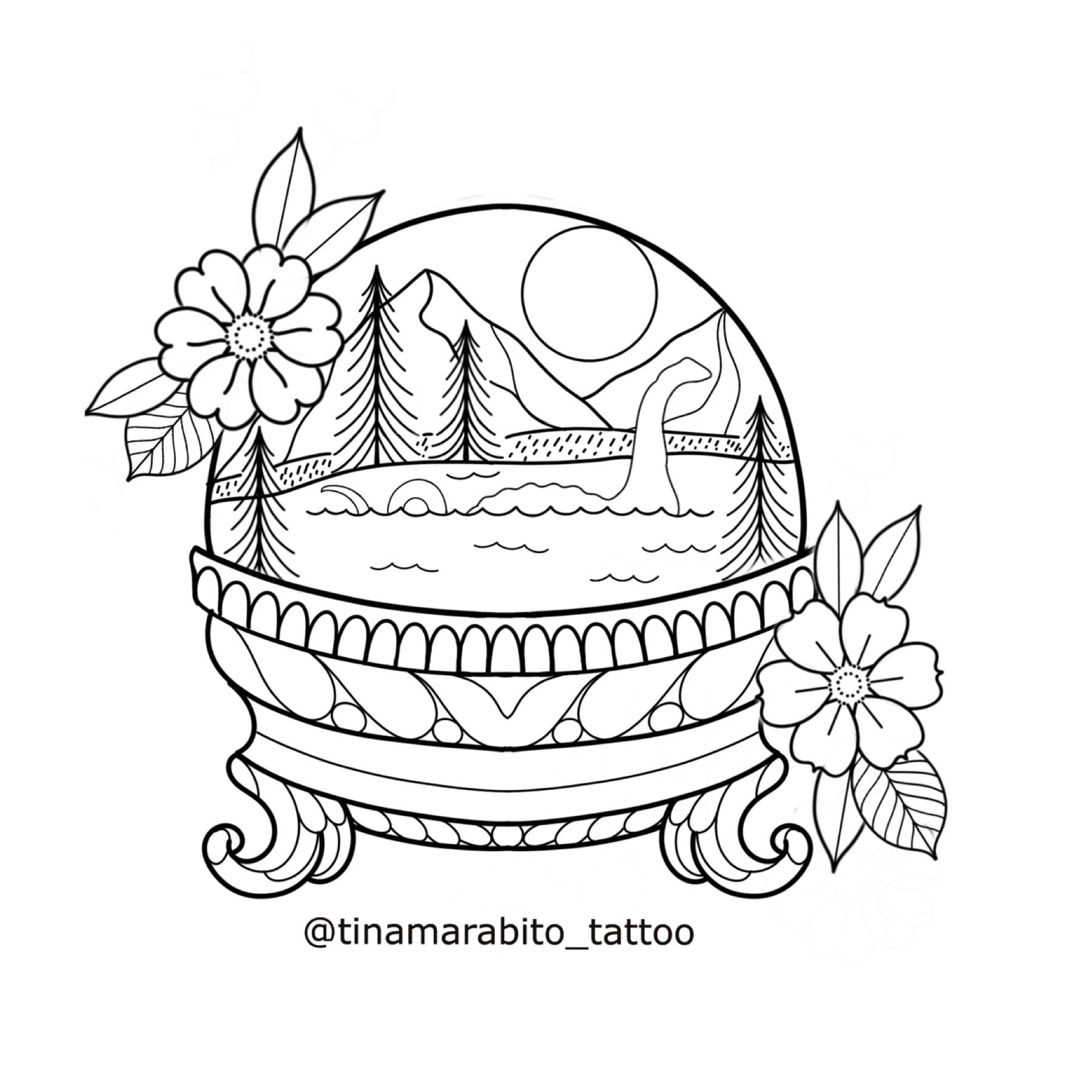 SOLD Nessie Snow Globe Tattoo By Tina Marabito Poppycock Tattoo sold-nessie-snow-globe-tattoo-by-tina-marabito-poppycock-tattoo